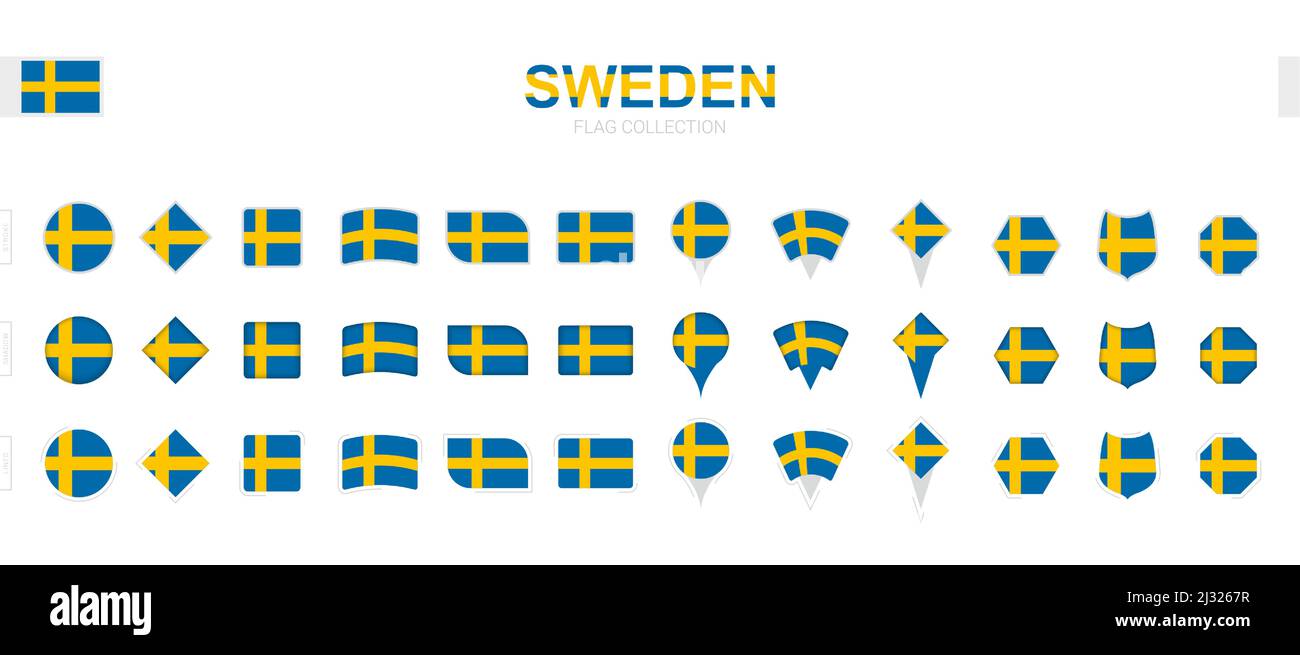 Large collection of Sweden flags of various shapes and effects. Big set ...