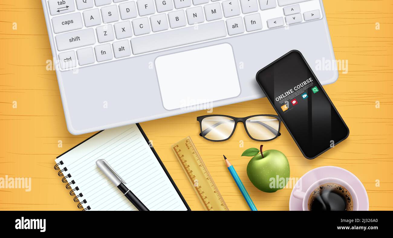 E-learning vector design. Online course elements with phone, laptop ...