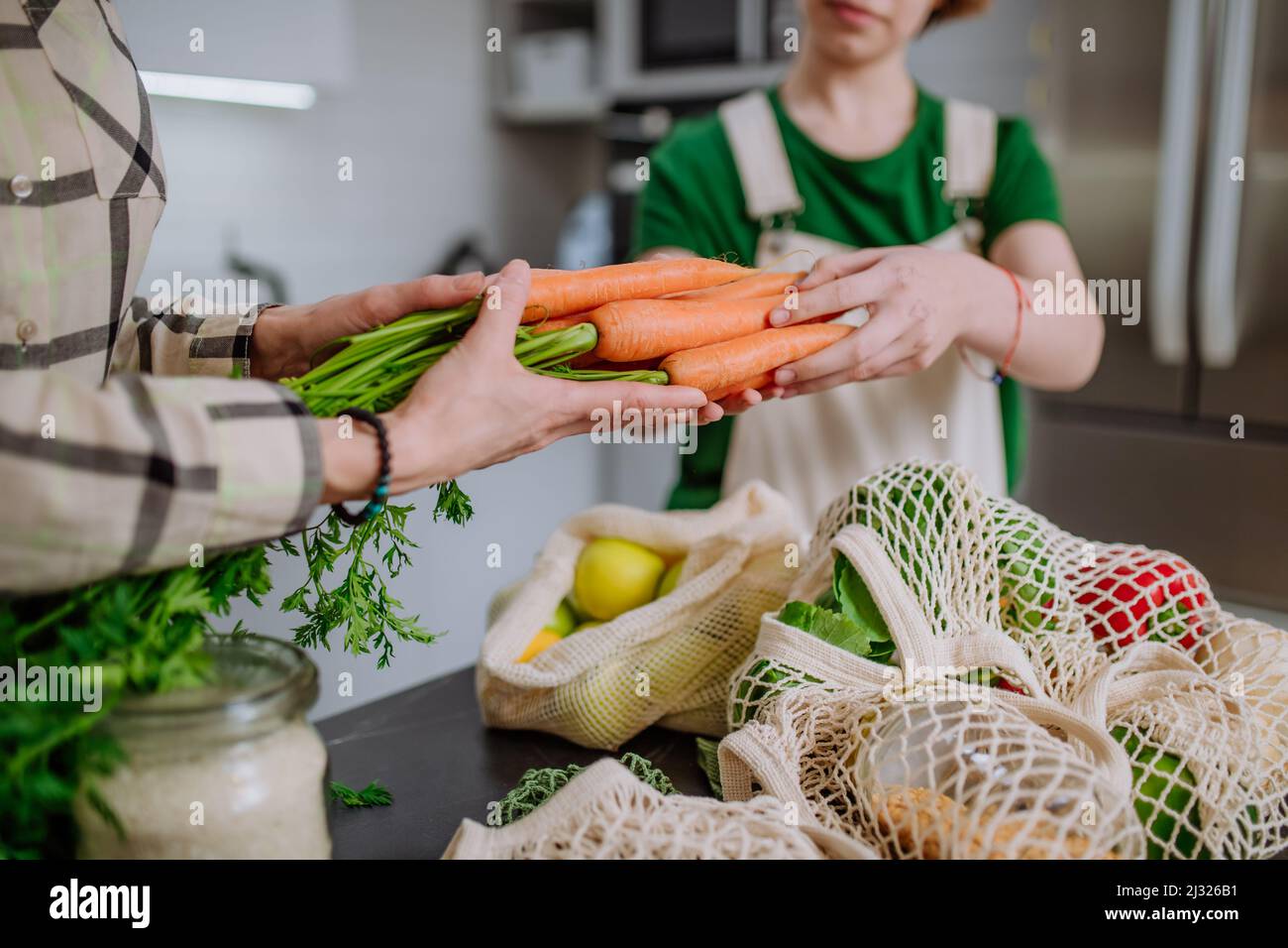 Mother unpacking local food in zero waste packaging from bag with help ...