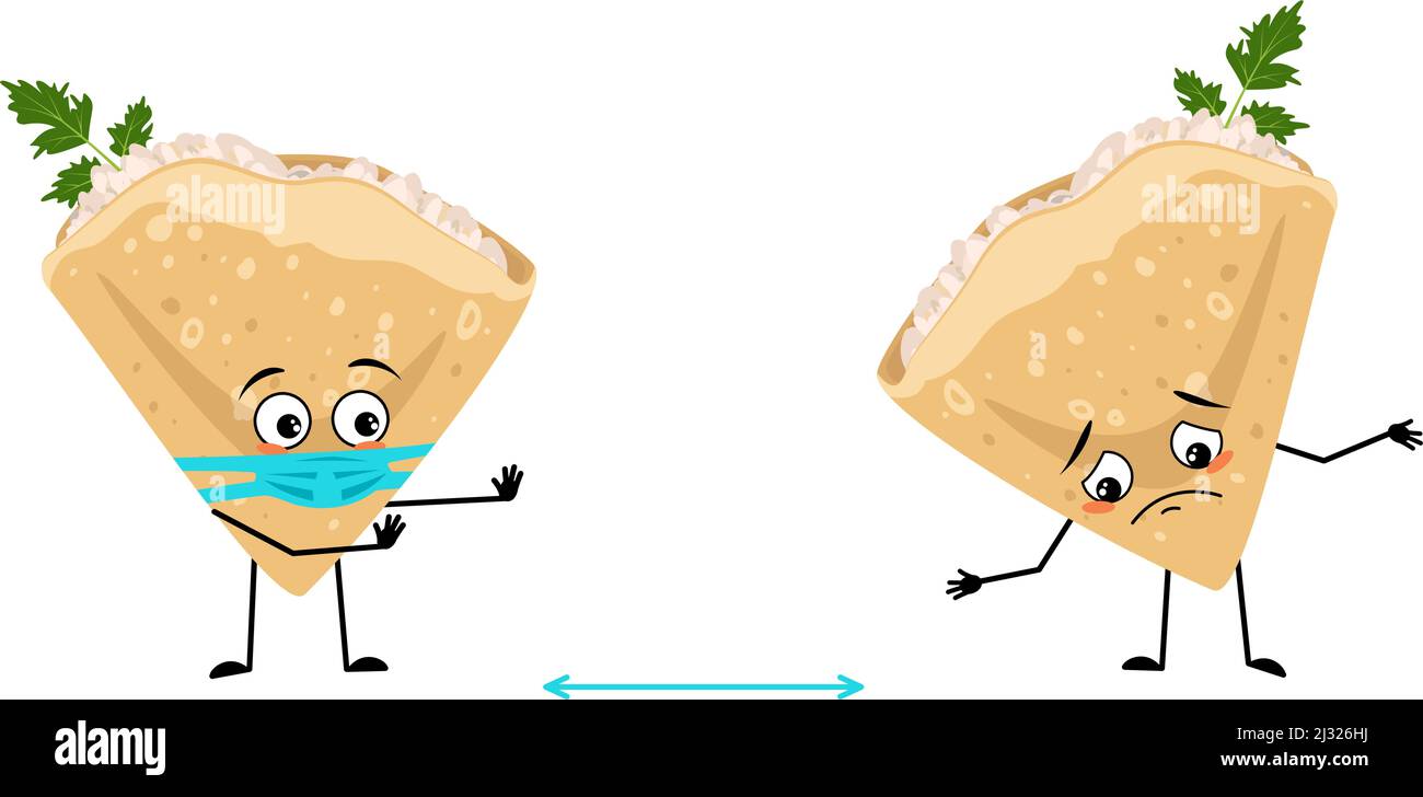 Pancake character with sad emotions, face and mask keep distance, arms ...