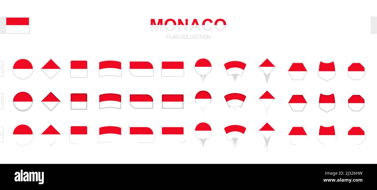 Large collection of Monaco flags of various shapes and effects. Big set ...
