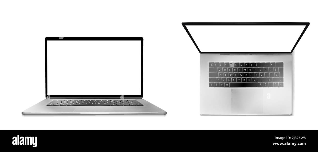 Laptop computer with white screen and keyboard front and top view ...