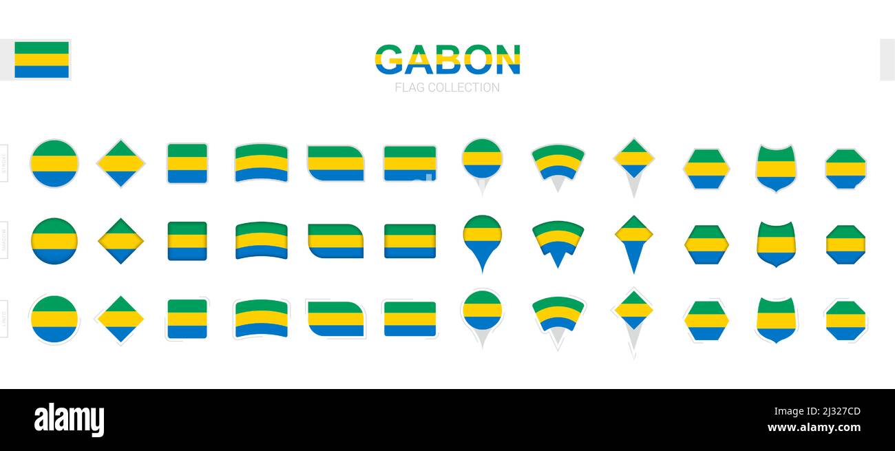 Large collection of Gabon flags of various shapes and effects. Big set ...