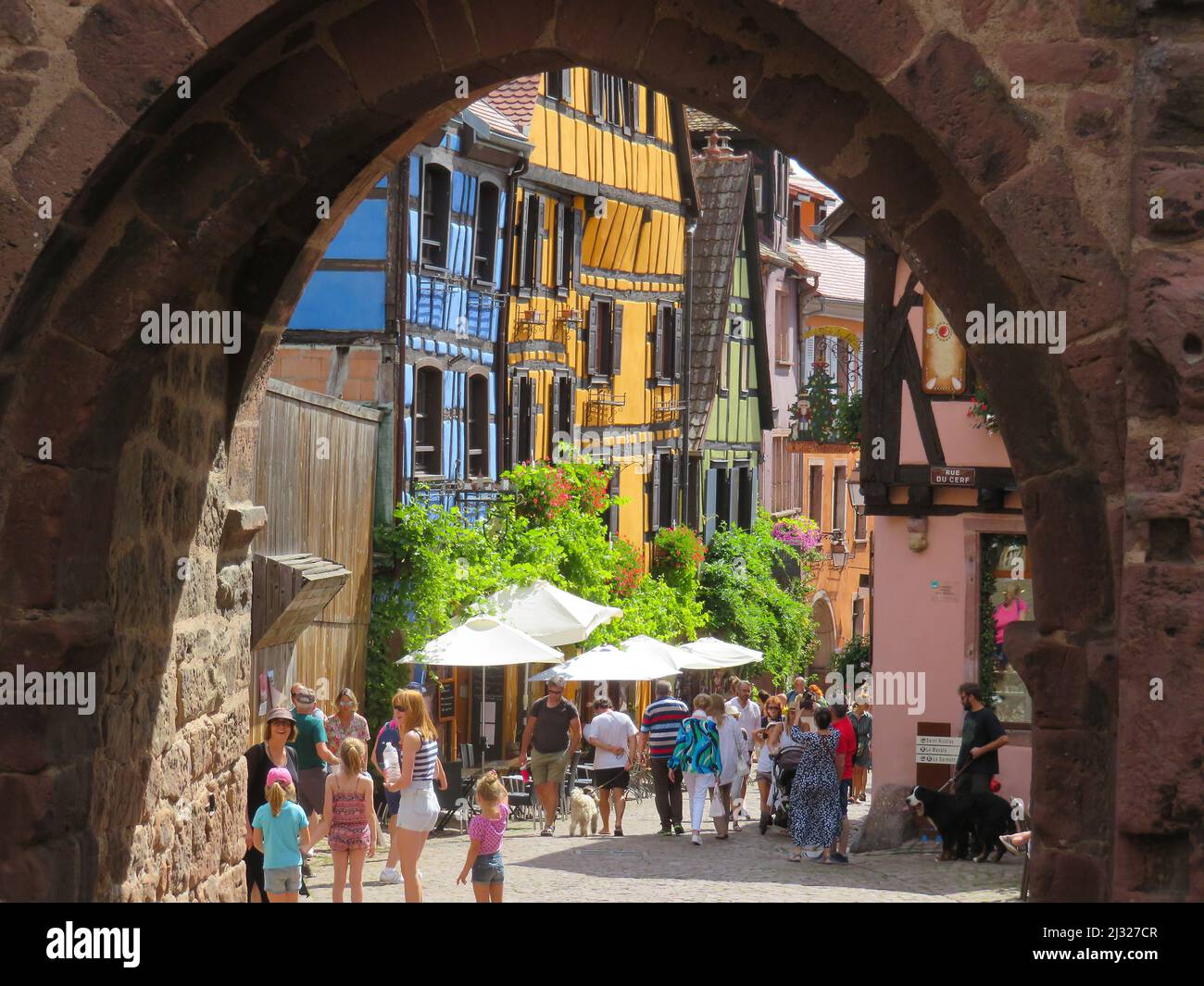 France, Riquewihr - Alsace, Haut Rhin. Street scene with old timbered ...