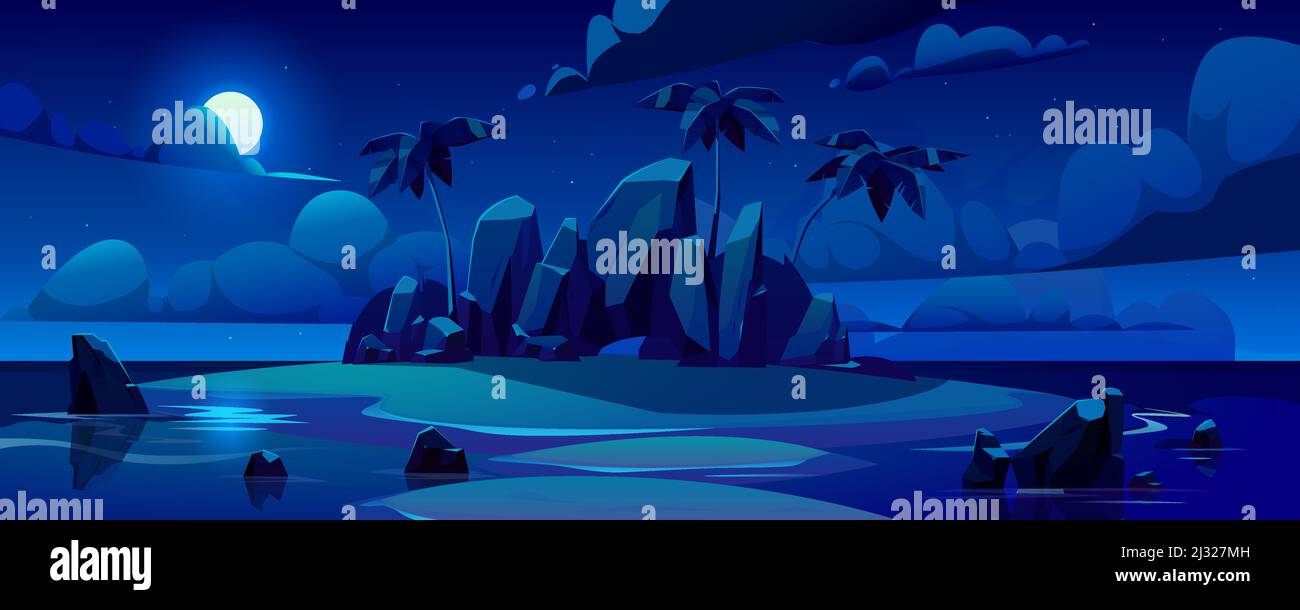 Night tropical island in ocean with palm trees, rocks and moon in sky ...