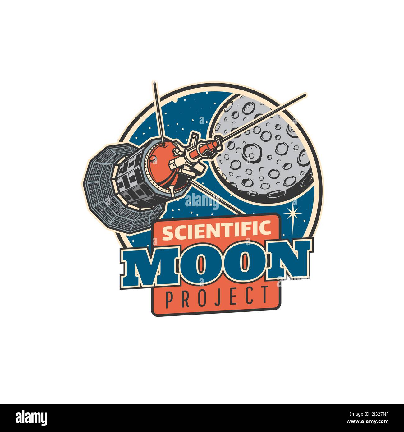 Moon exploration and space discovery project, vector emblem of orbital ...