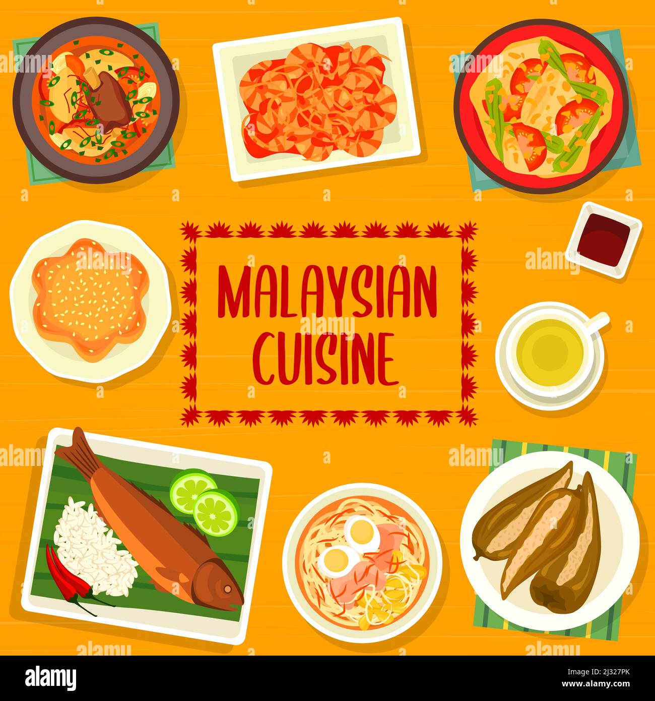 Malaysian cuisine menu cover page design. Fish curry, chilli shrimps ...