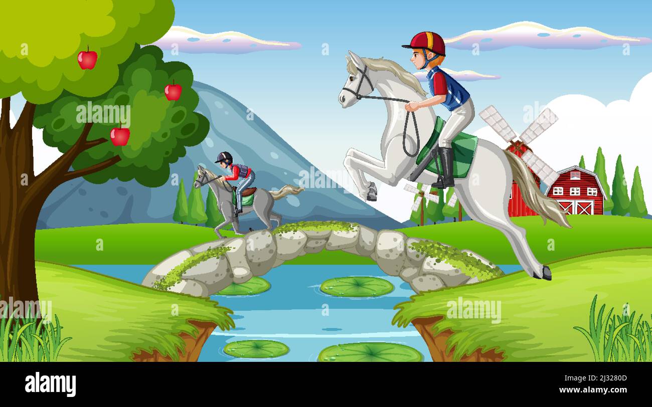 Horse riding scene with jockey and horse illustration Stock Vector ...