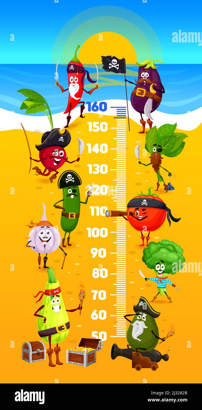 Kids height chart, pirate and corsair vegetables, vector growth meter ...