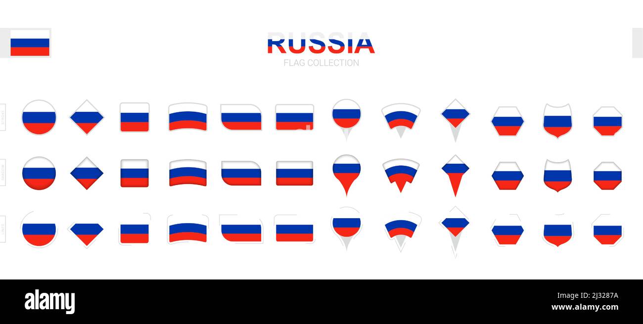 Large collection of Russia flags of various shapes and effects. Big set ...
