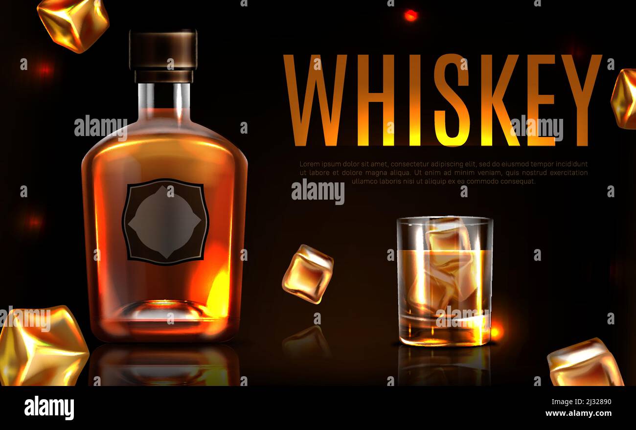 Whiskey bottle and glass with ice cubes realistic vector poster. Closed ...