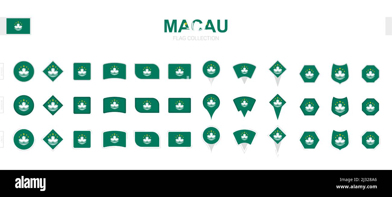 Large collection of Macau flags of various shapes and effects. Big set ...