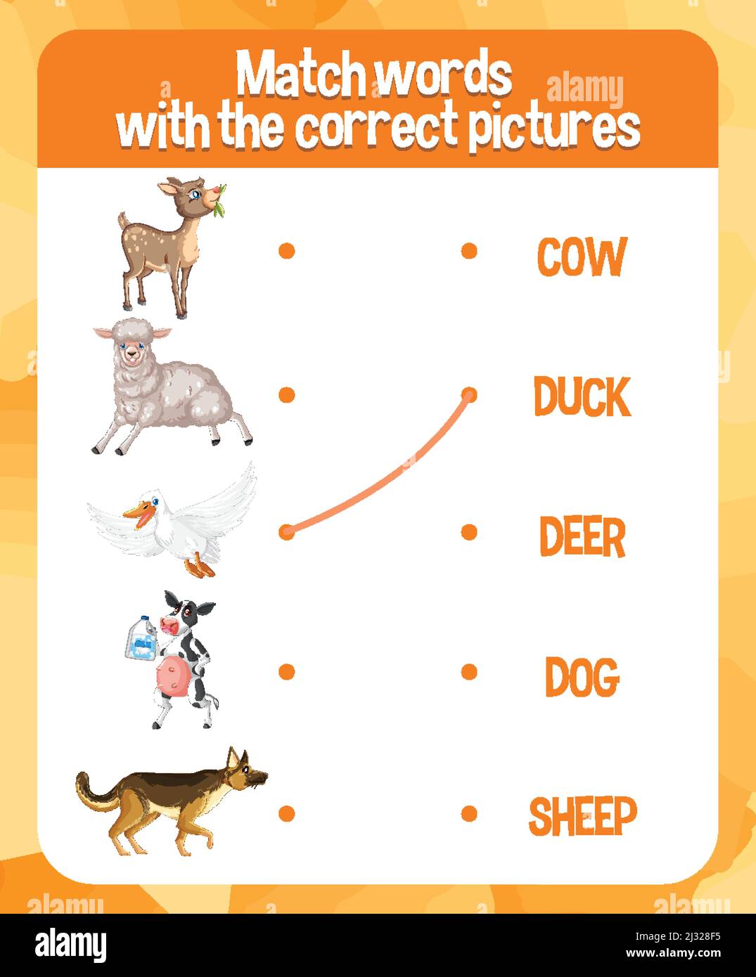 Word to picture matching animal worksheet for children illustration ...