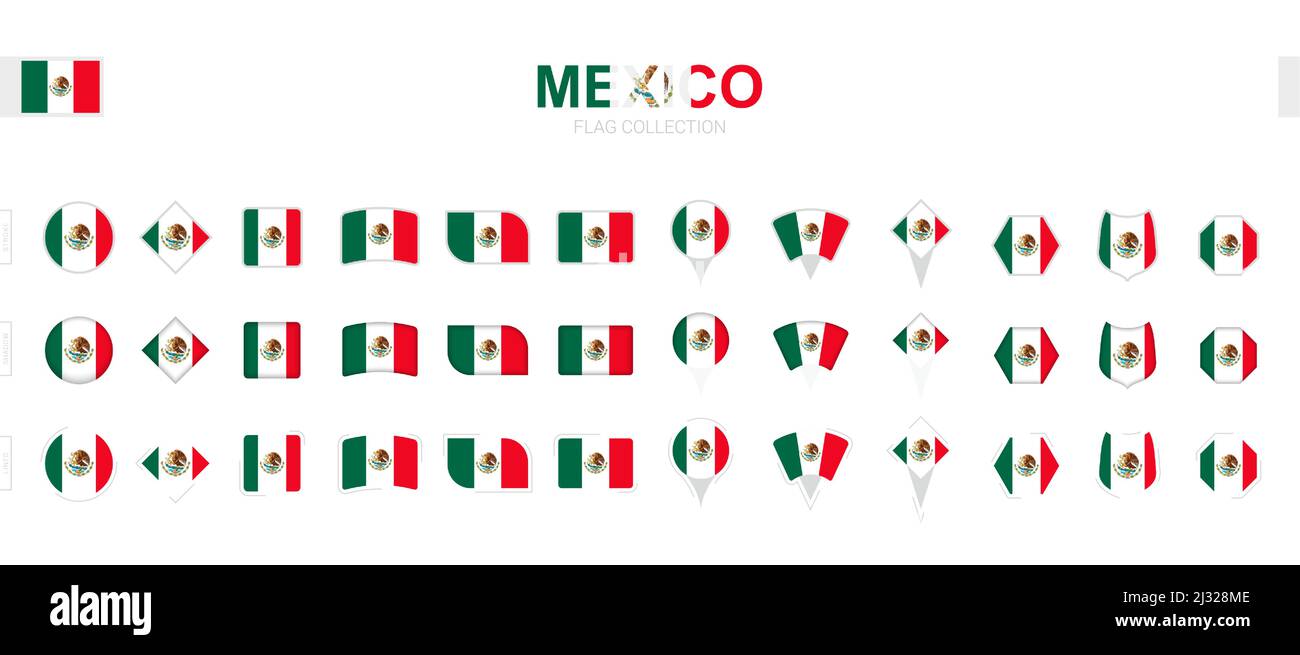 Large collection of Mexico flags of various shapes and effects. Big set ...