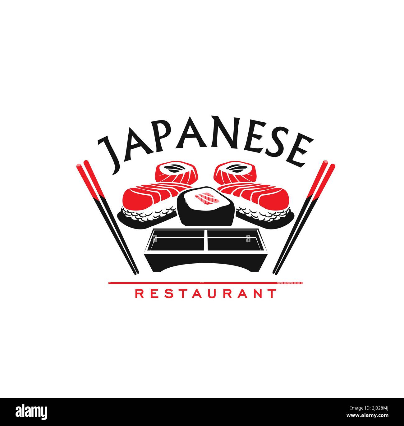 Japanese cuisine restaurant icon, sushi, rolls, soy sauce and sticks ...