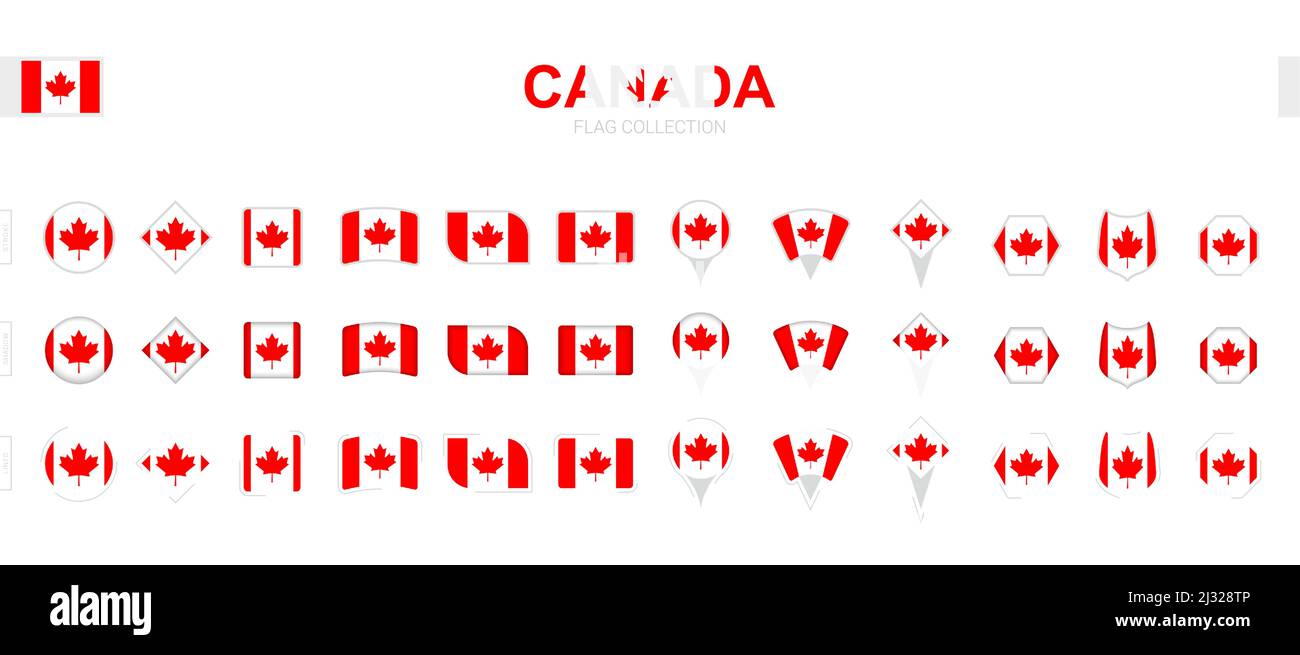 Large collection of Canada flags of various shapes and effects. Big set ...
