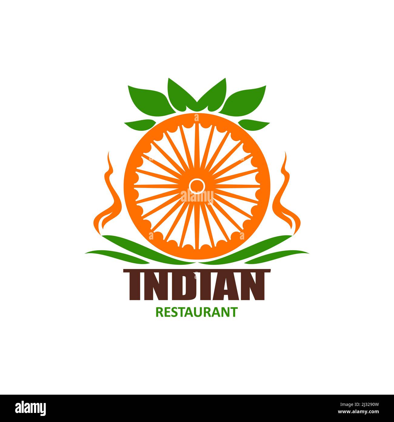 Indian cuisine restaurant icon with dhama wheel. Indian food restaurant ...