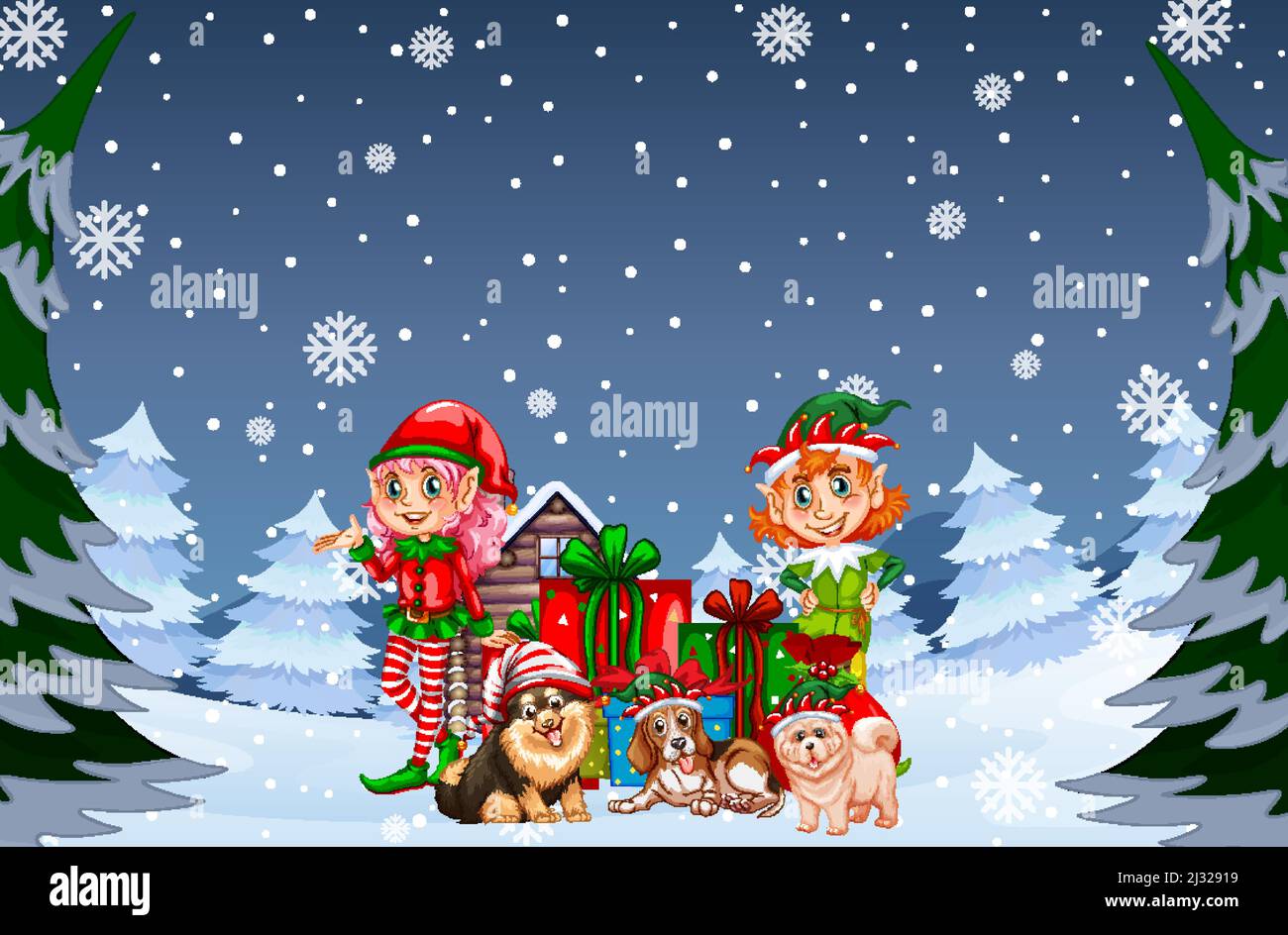 Snowy night scene with Christmas cartoon characters illustration Stock ...