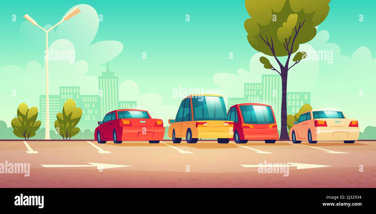 Cars on city street parking with road marking. Vector cartoon ...