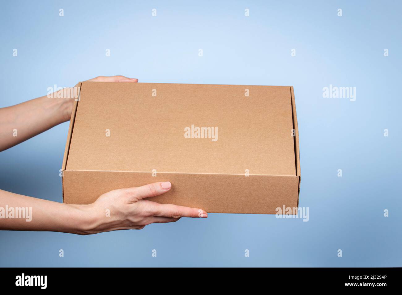 Woman hands holding brown ecological package box made of natural ...