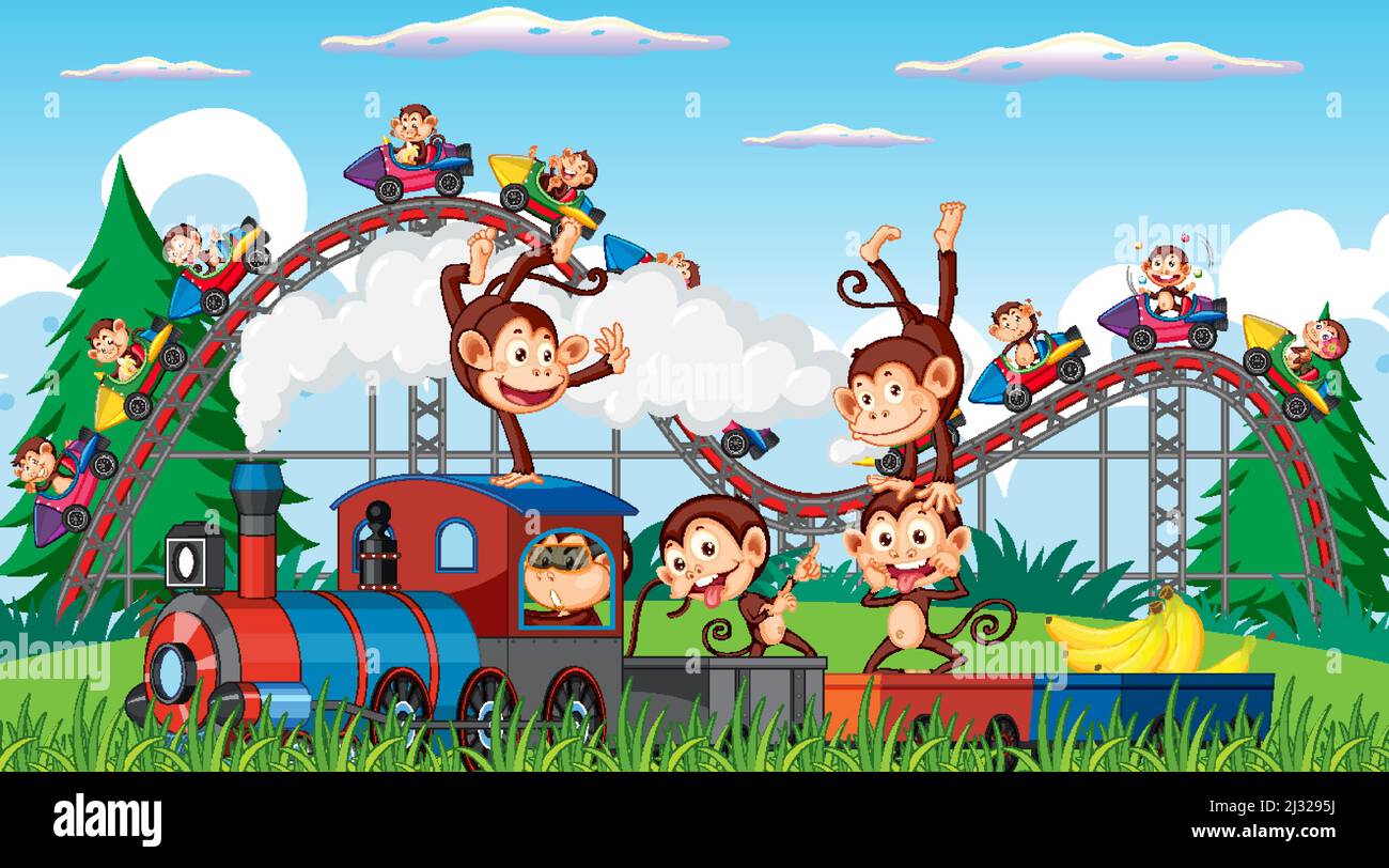 Train riding with monkeys at the park illustration Stock Vector Image ...