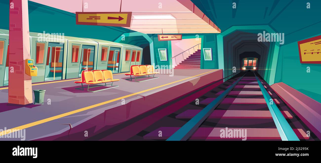 Metro station, arriving train to empty subway platform from underground ...