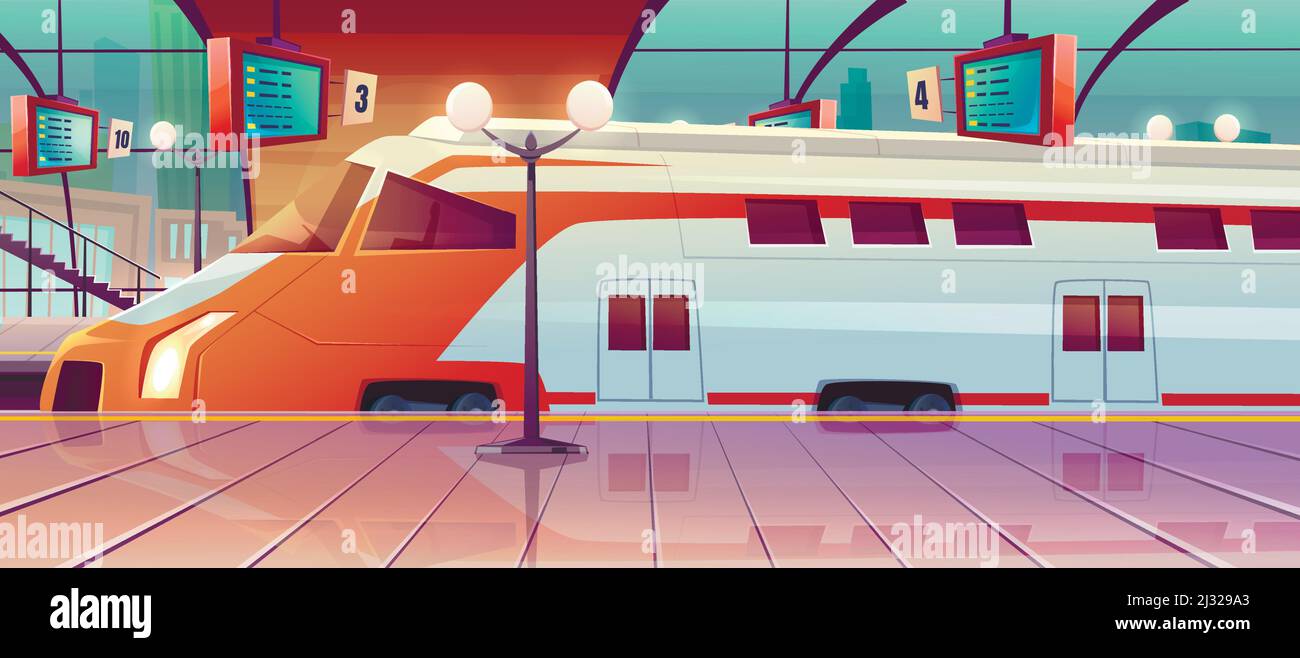 Railway station with high speed train and platform with schedule ...