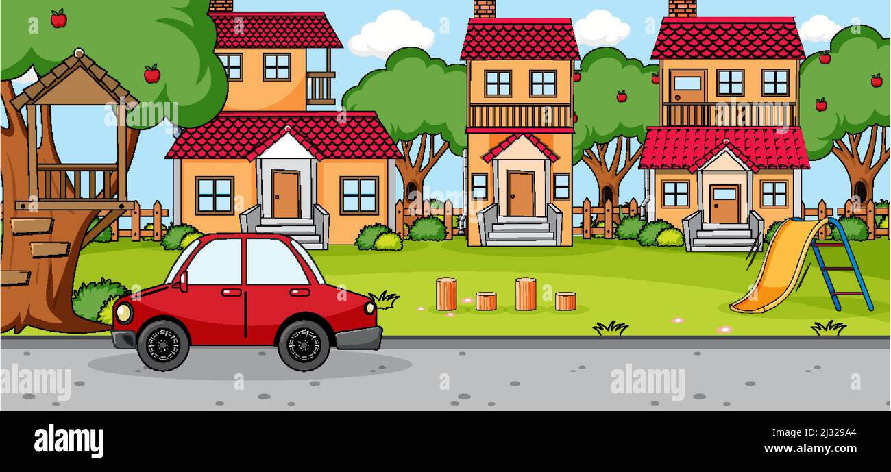 Outdoor scene with doodle house cartoon illustration Stock Vector Image ...