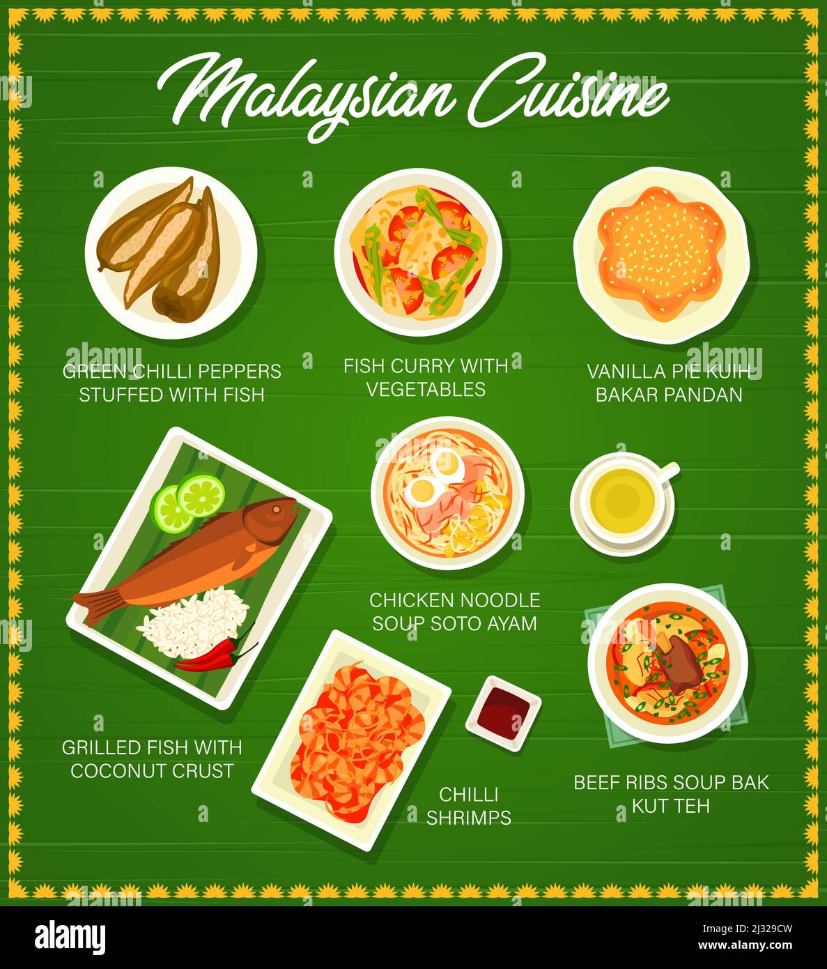 Malaysian cuisine menu page template. Chilli peppers stuffed with fish ...
