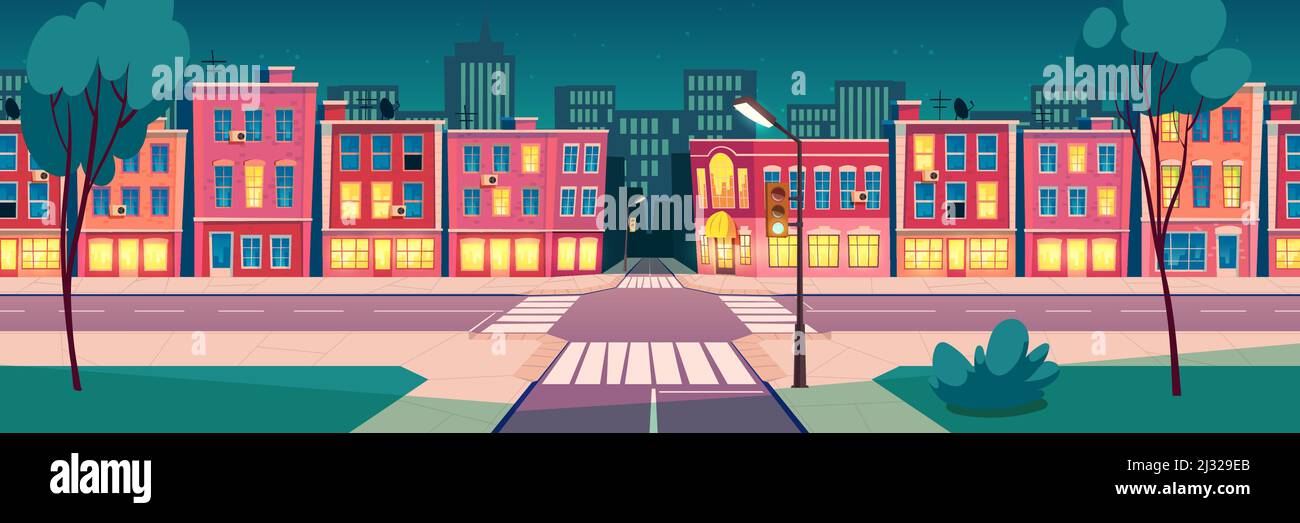 Summer night city landscape with lighted windows in houses and stars on ...