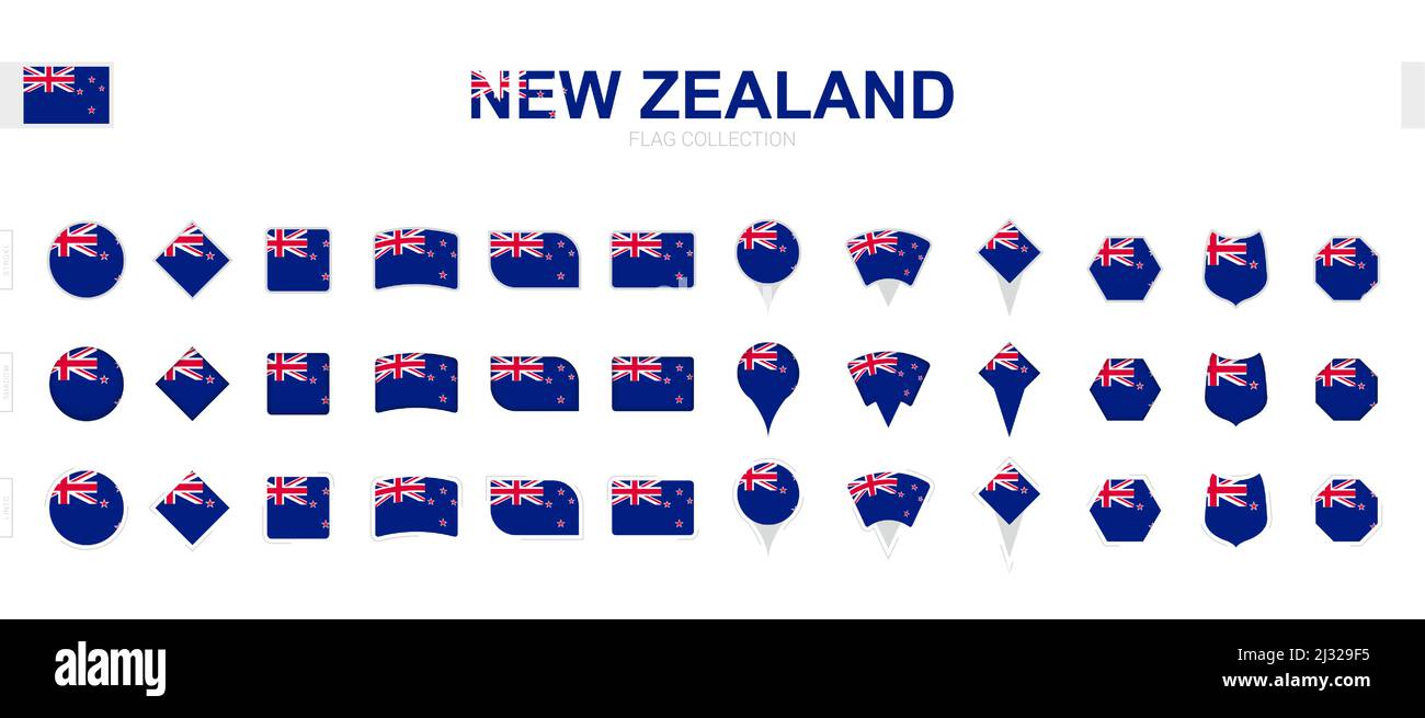 Large collection of New Zealand flags of various shapes and effects ...