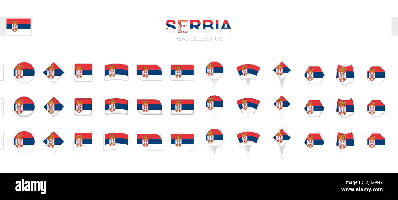 Large collection of Serbia flags of various shapes and effects. Big set ...
