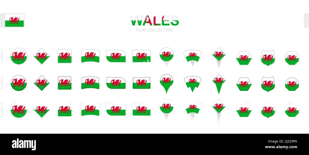 Large collection of Wales flags of various shapes and effects. Big set ...