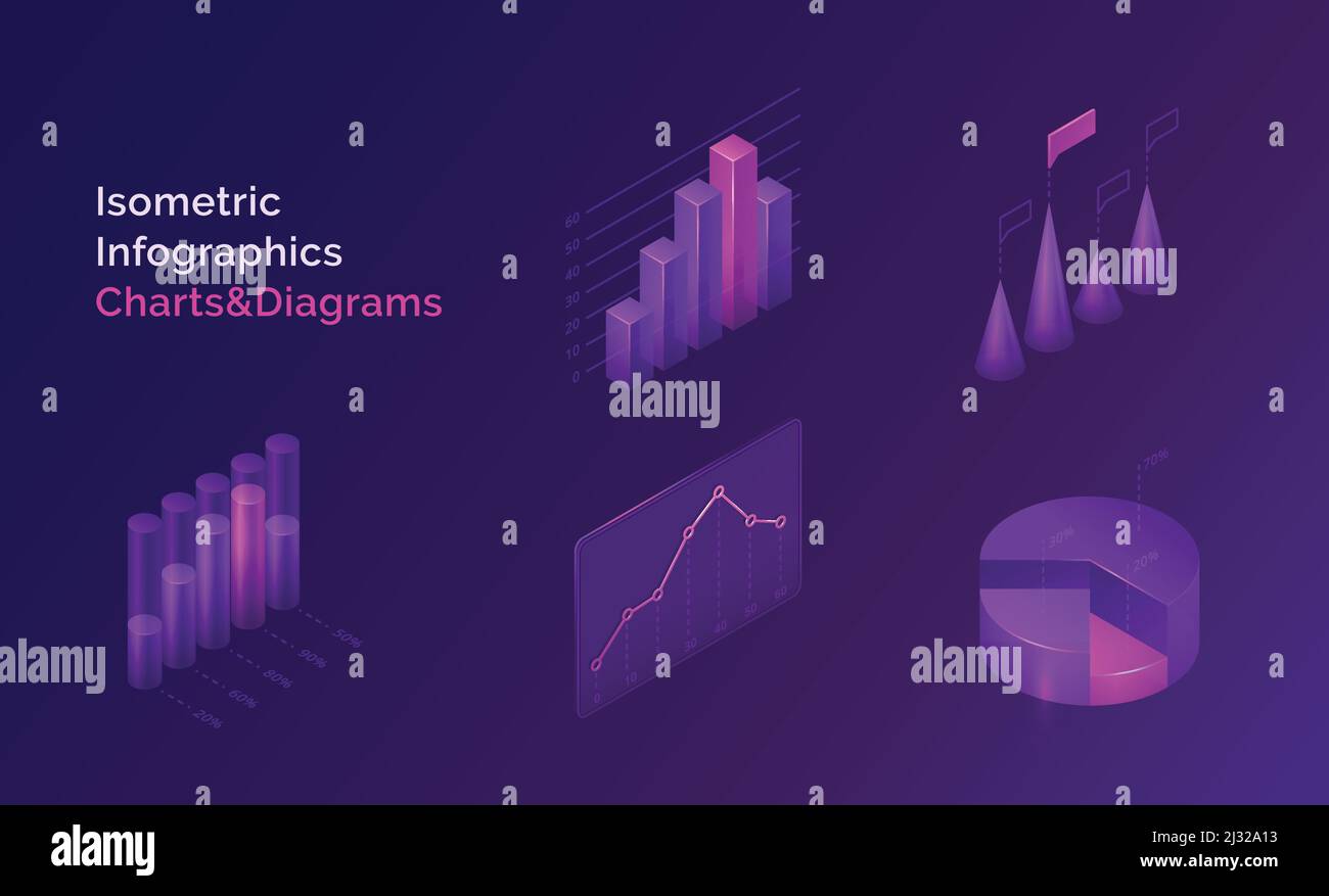 Isometric infographics charts and diagrams, 3d data analysis columns ...
