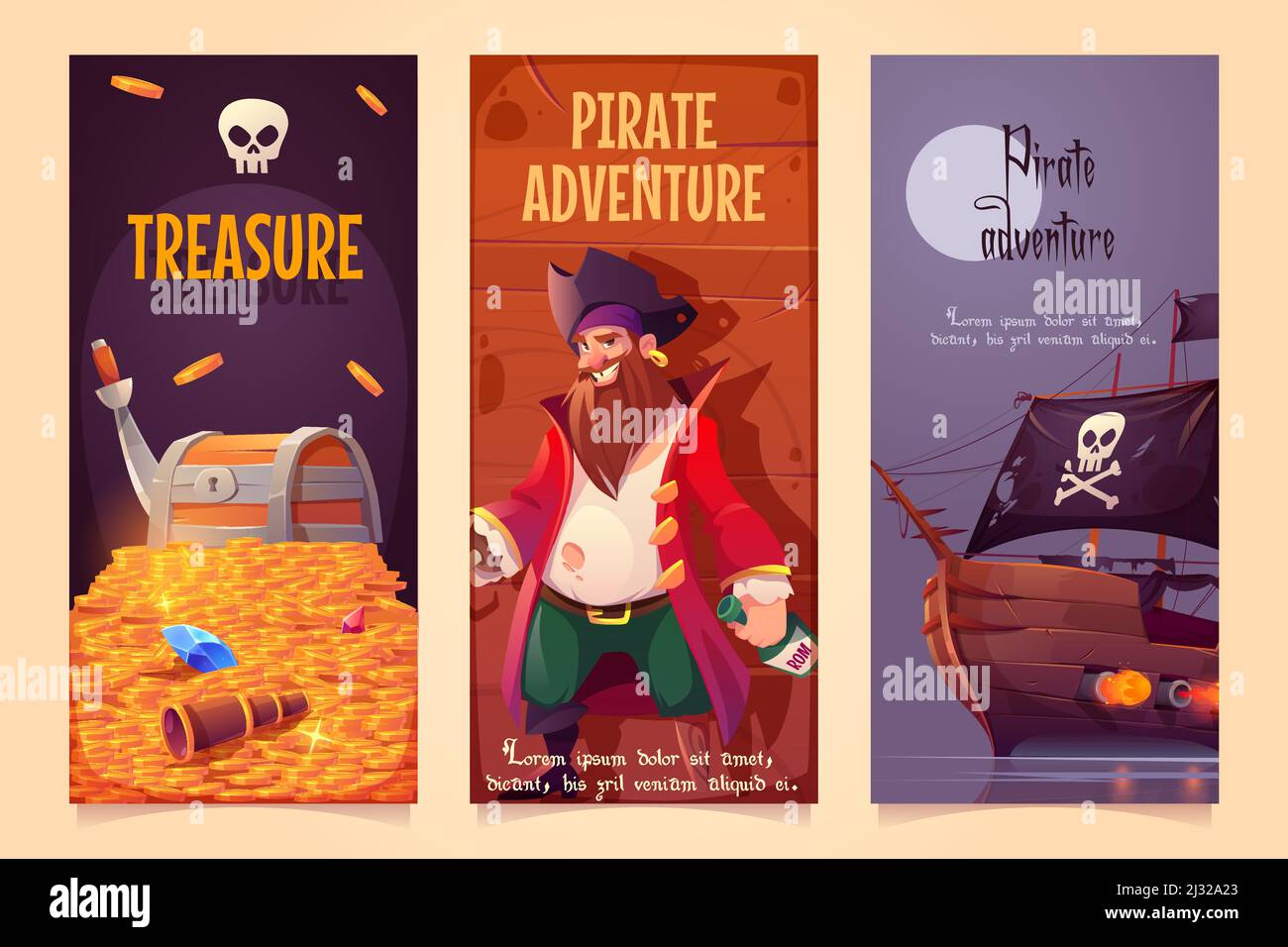 Pirate adventure vertical banners set, treasure chest with gold ...