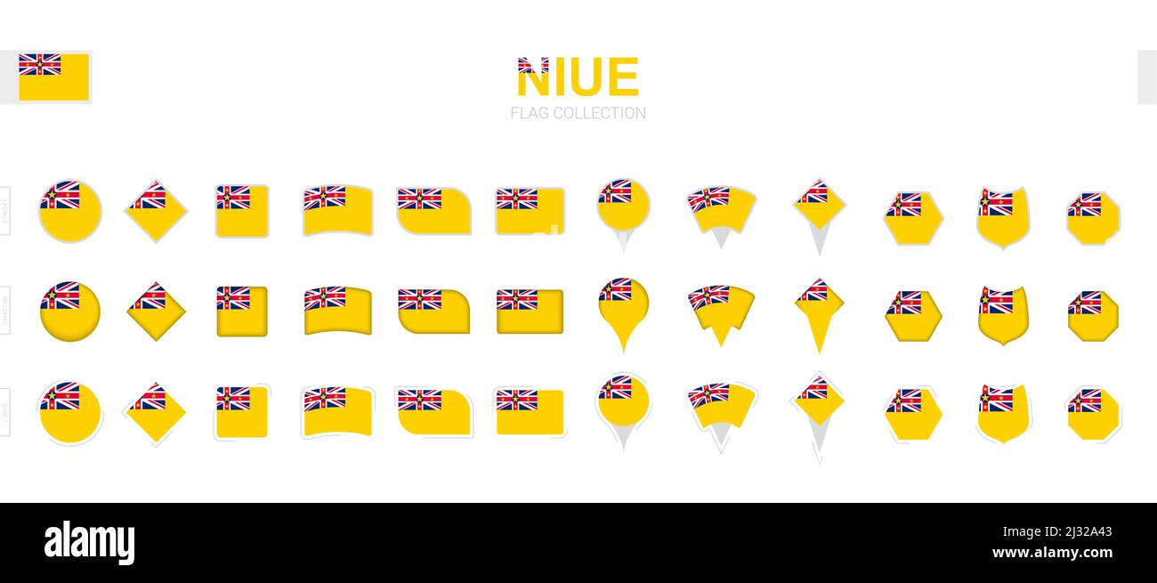 Large collection of Niue flags of various shapes and effects. Big set ...