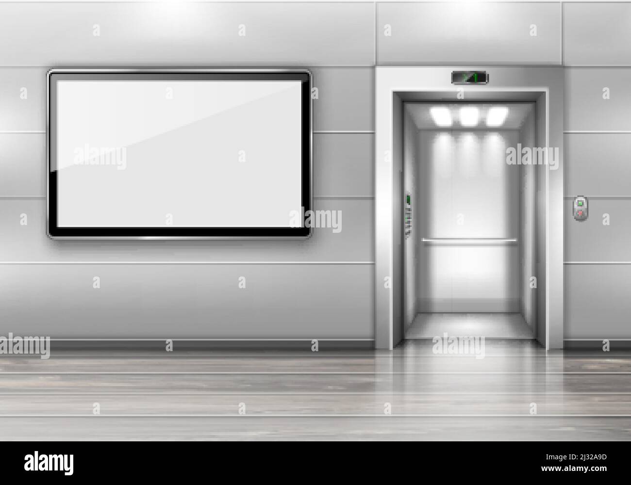 Realistic elevator with open door and TV screen on wall in office or ...