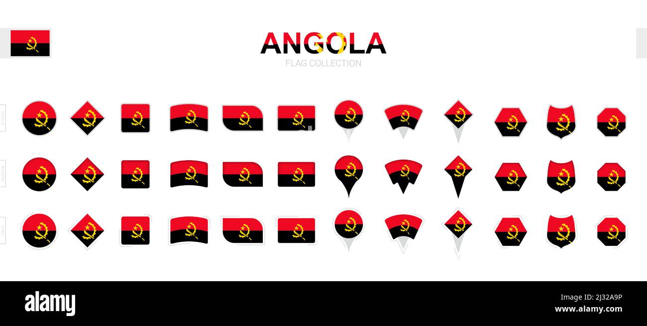 Large collection of Angola flags of various shapes and effects. Big set ...