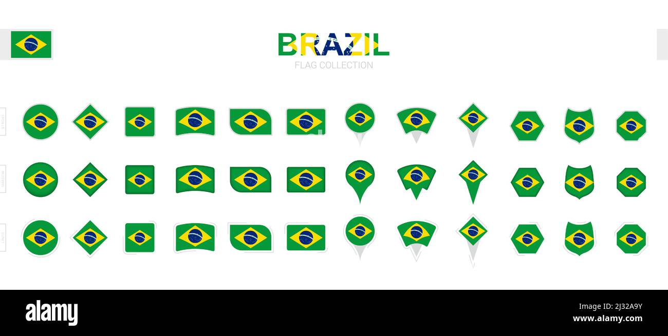Large collection of Brazil flags of various shapes and effects. Big set ...