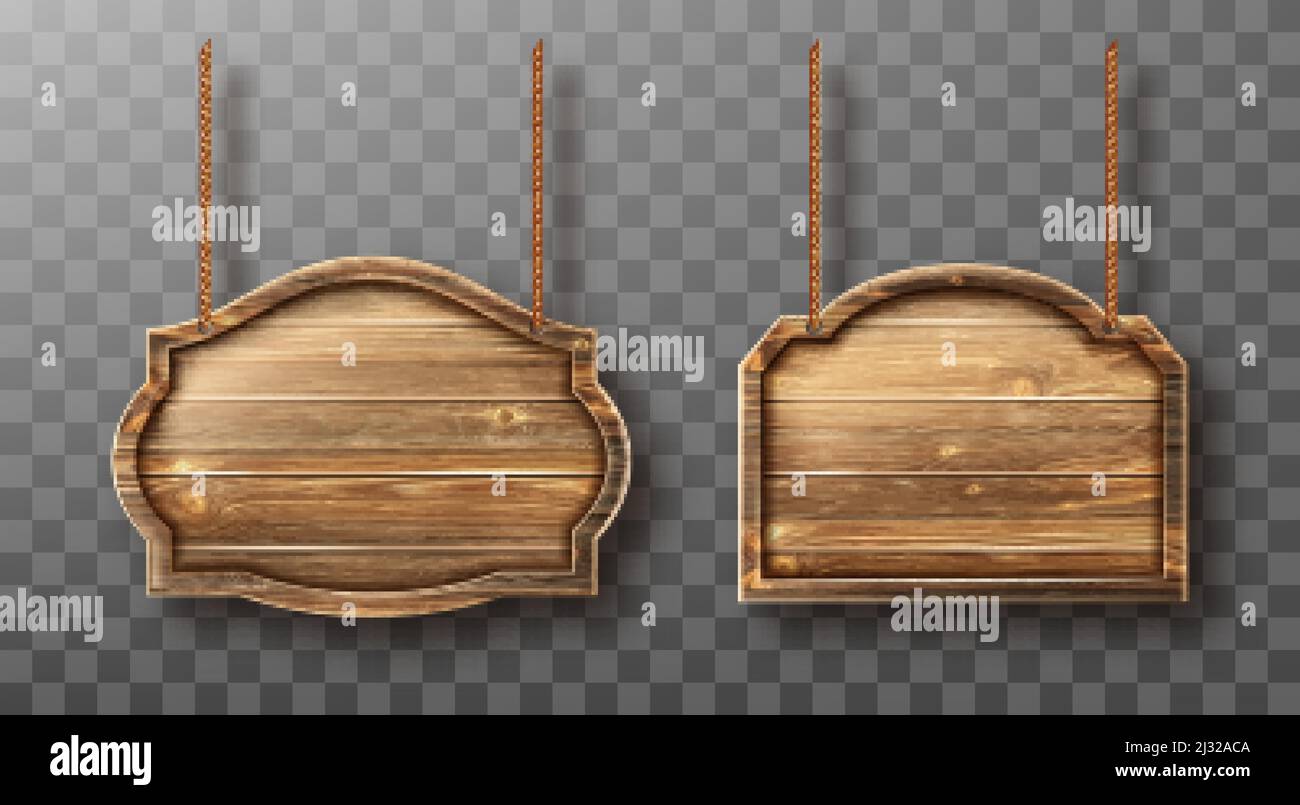 Wooden boards hang on ropes set. Realistic signboards with wood texture ...