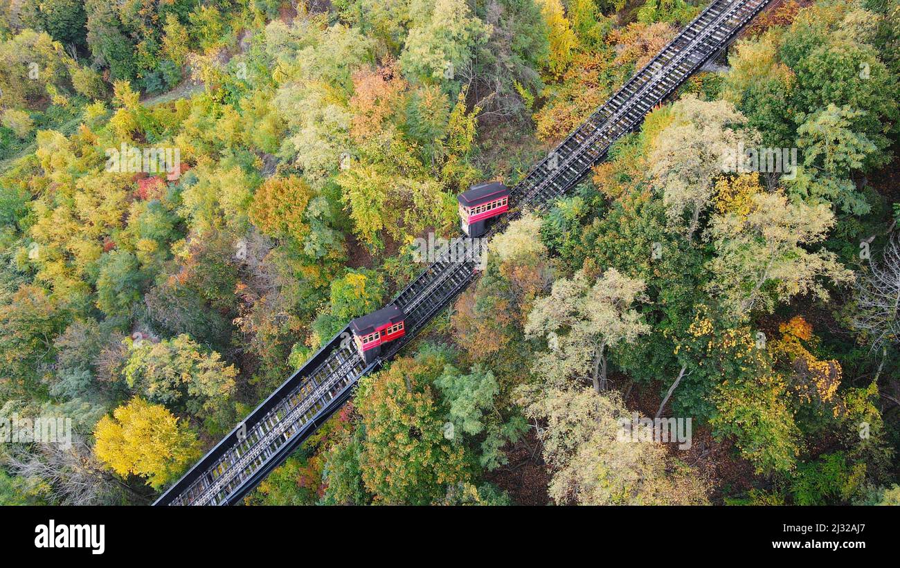 A birds eye view shot of an incline in Pittsburgh in the United States ...