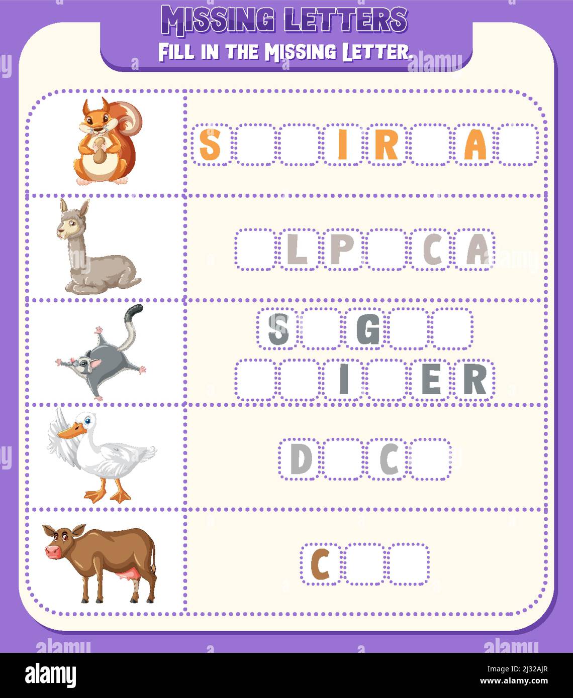 Fill the missing letter of each word worksheet for children ...