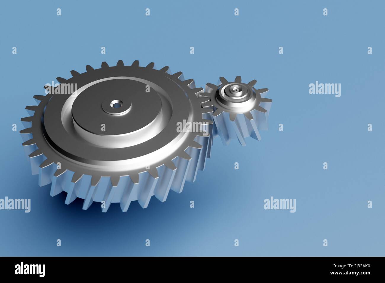 3D illustration metal silver gears on blue isolated background. Bearing ...