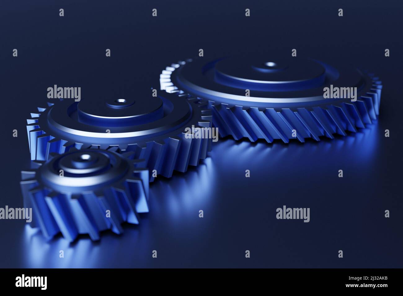 3D illustration metal silver gears on blue isolated background. Bearing ...