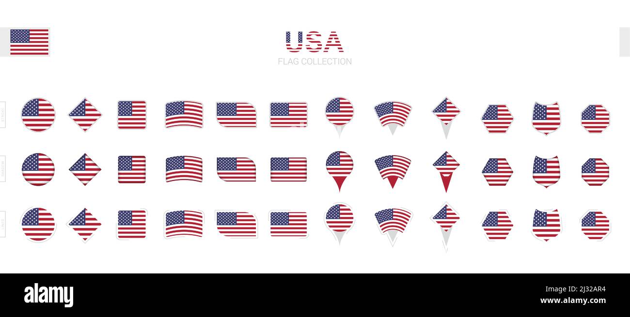 Large collection of USA flags of various shapes and effects. Big set of ...