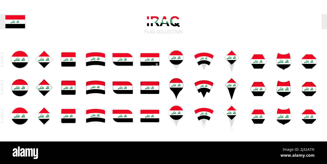 Large collection of Iraq flags of various shapes and effects. Big set ...