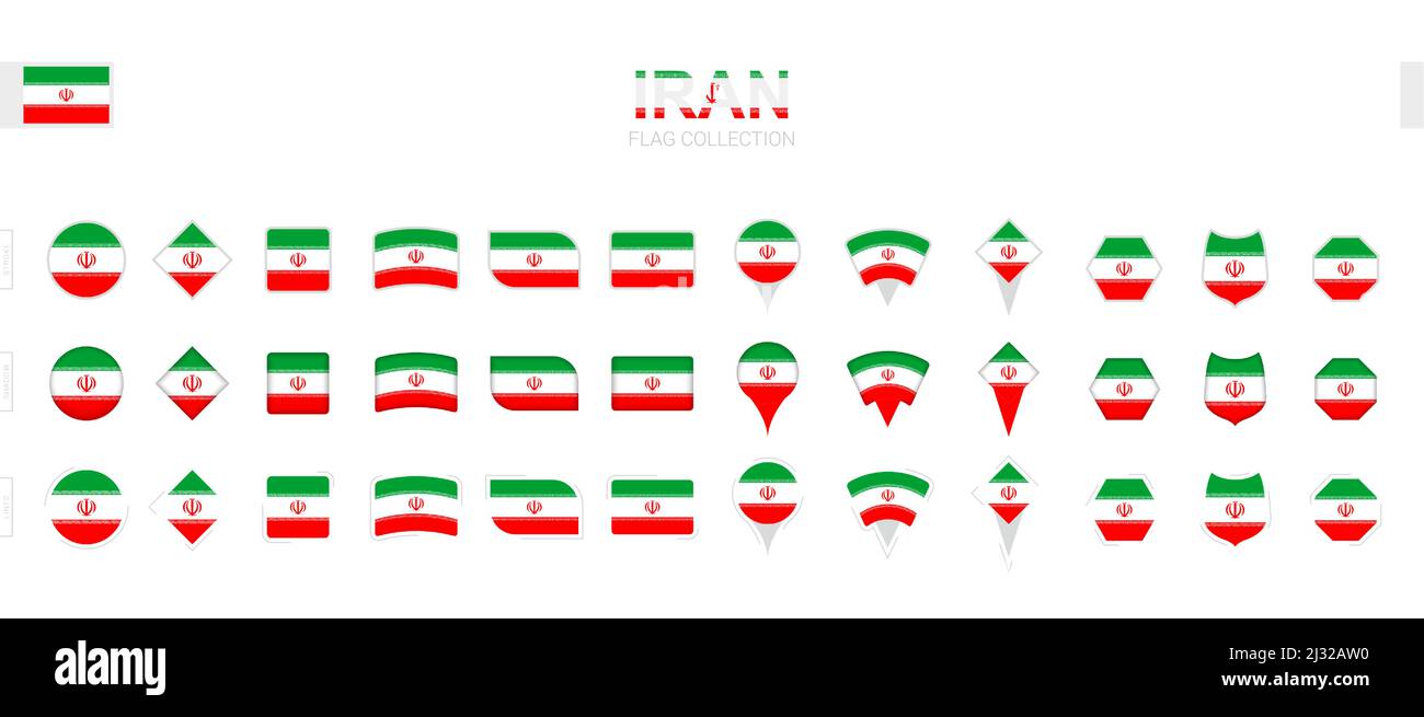 Large collection of Iran flags of various shapes and effects. Big set ...