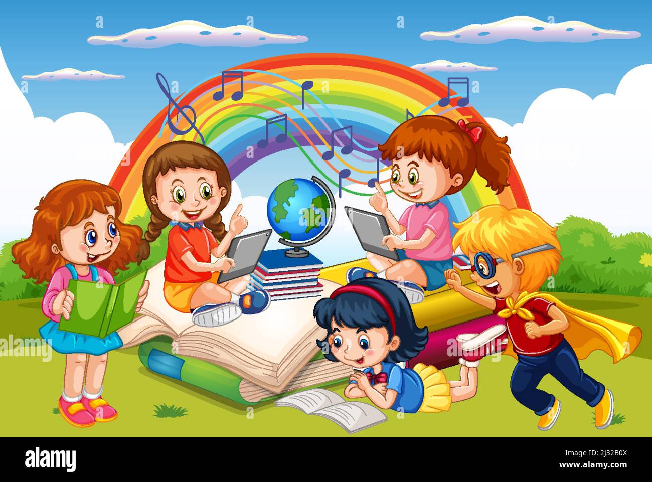 A children are reading books on a stack of books in garden scene ...