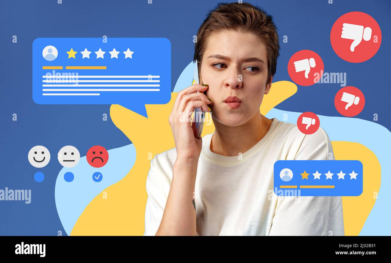 Young unsatisfied woman using mobile phone with icon one star symbol to ...