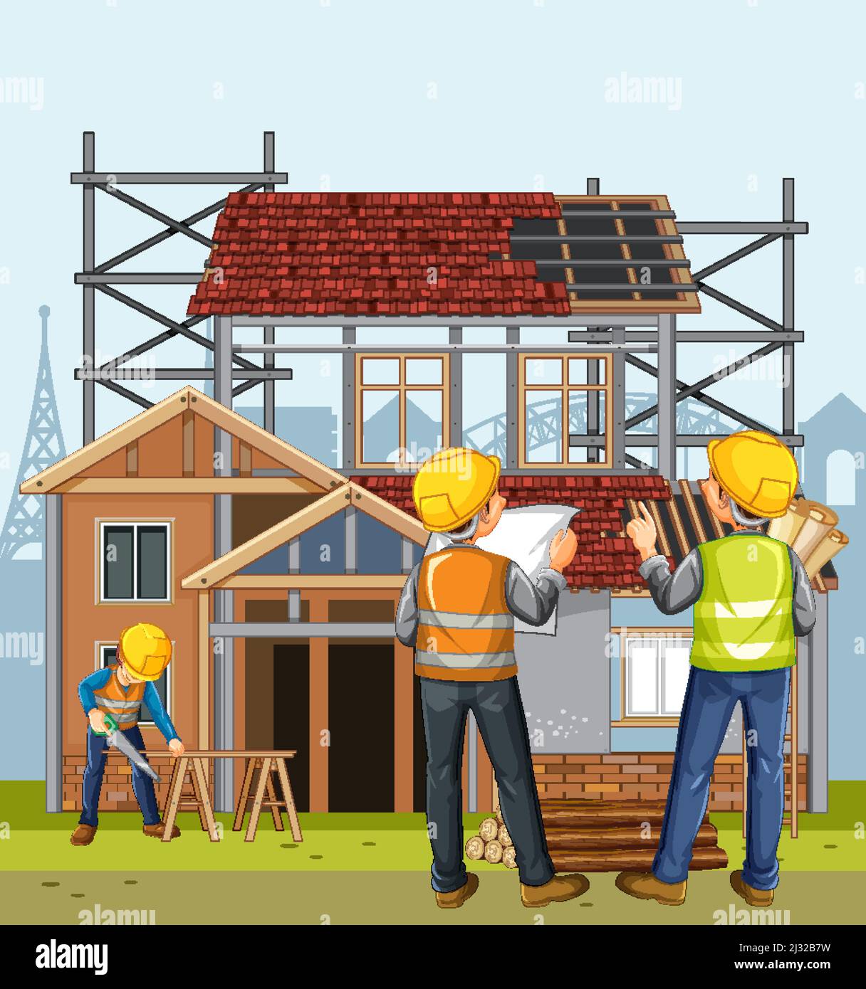 Cartoon scene of building house construction site illustration Stock ...